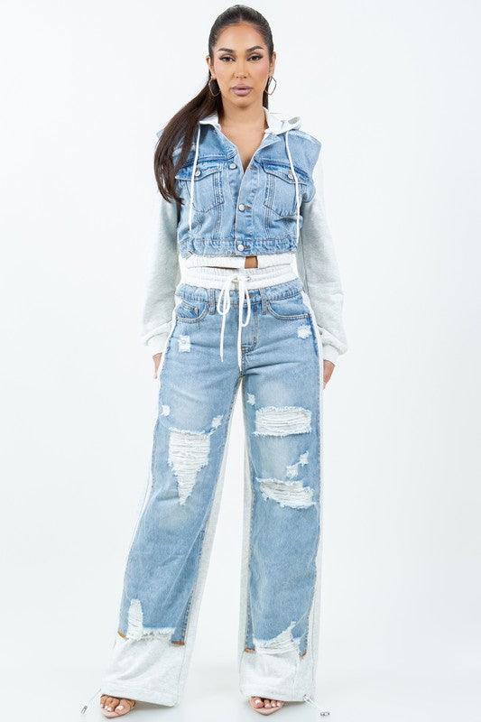 TWO TONE DENIM AND FRENCH TERRY DENIM JACKET JEAN SET