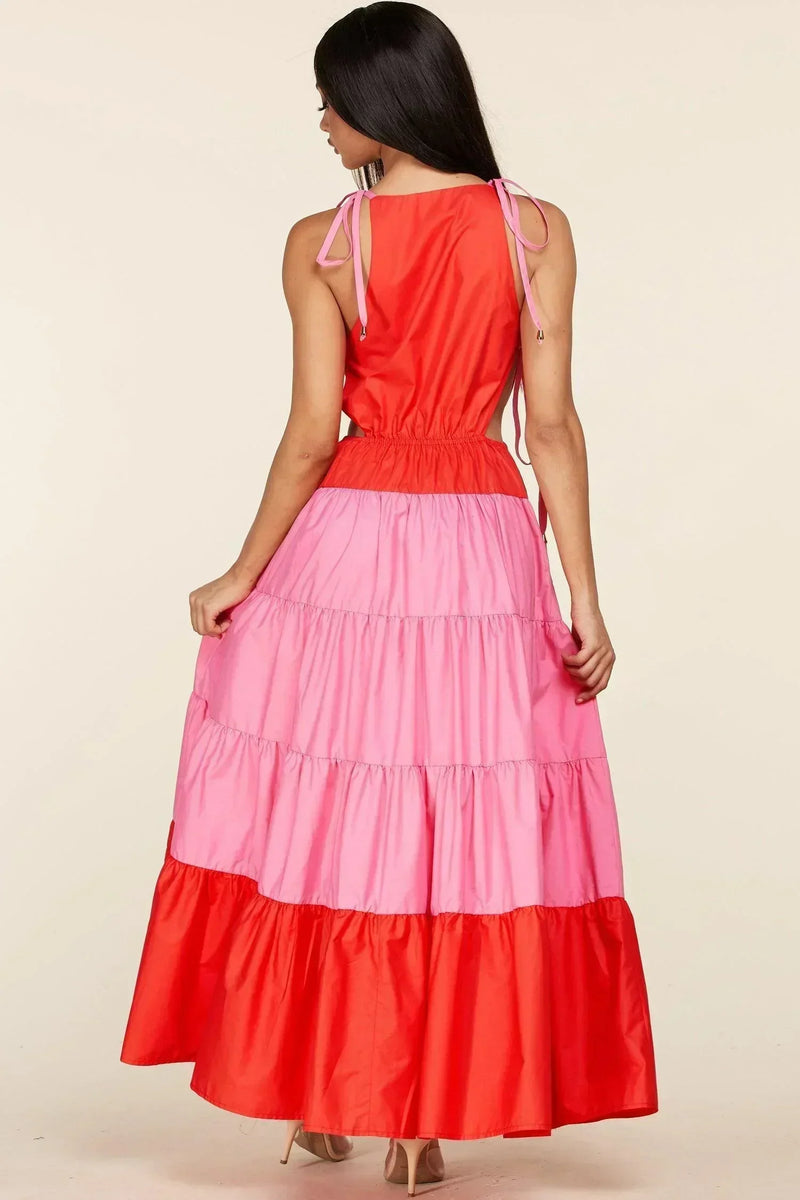 PINK AND RED MAXI DRESS TIE SHOULDERS – PRIVILEGE